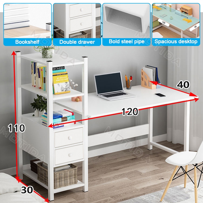 Computer Table with 4 Tier Bookshelf and Cabinets Study Desk With ...