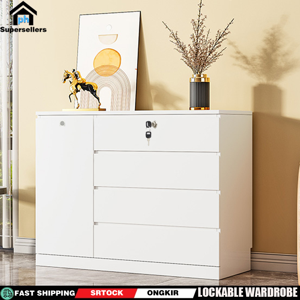 Modern simple white handleless drawer cabinet with lock / home bedroom ...