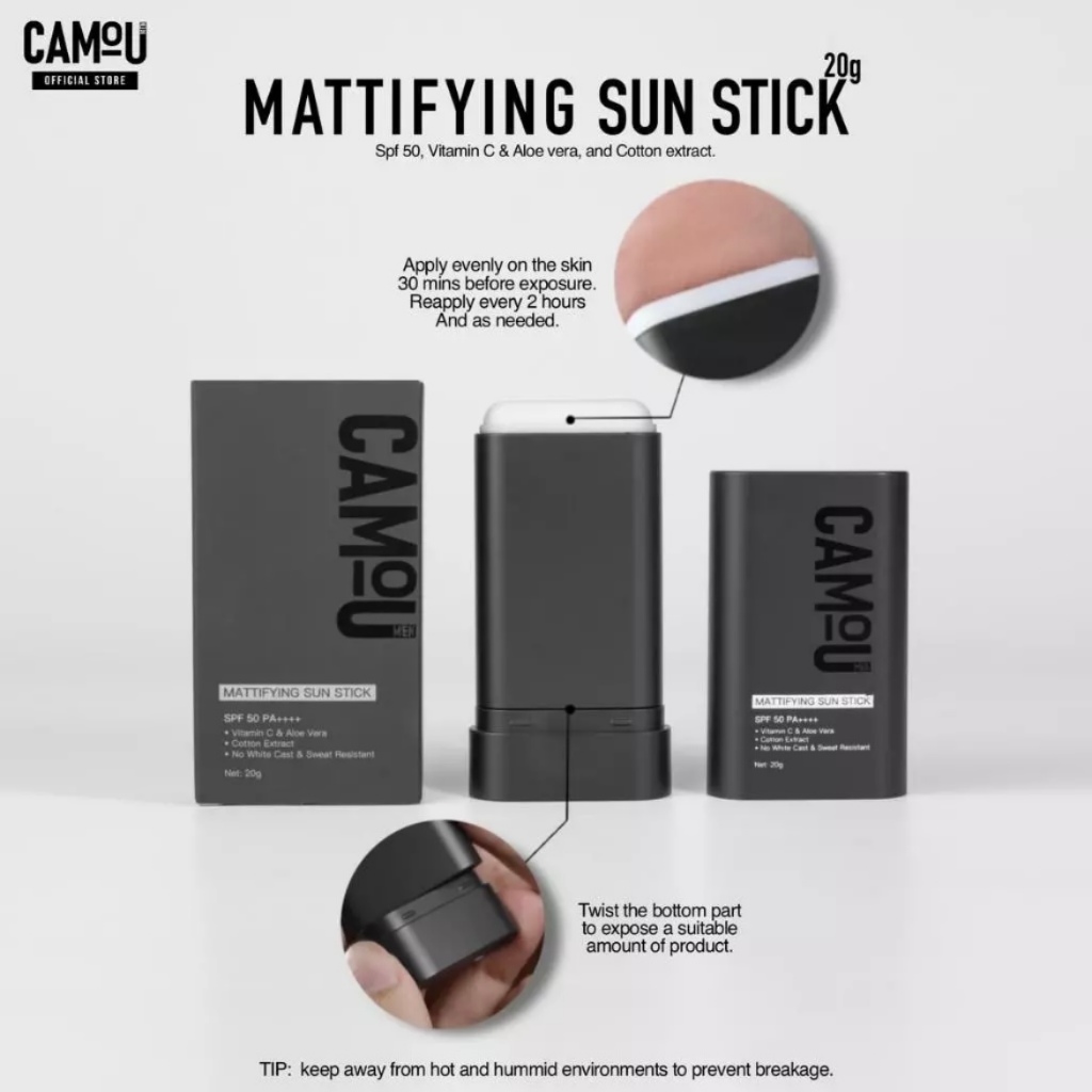 Camou Men's Mattifying Sun Stick SPF 50 PA++++ Vitamin C & Aloe Vera ...