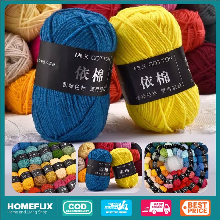 Homeflix Milk 50g 1pc Cotton Wool Yarn 4 ply for Knitting, Dyed Yarn ...