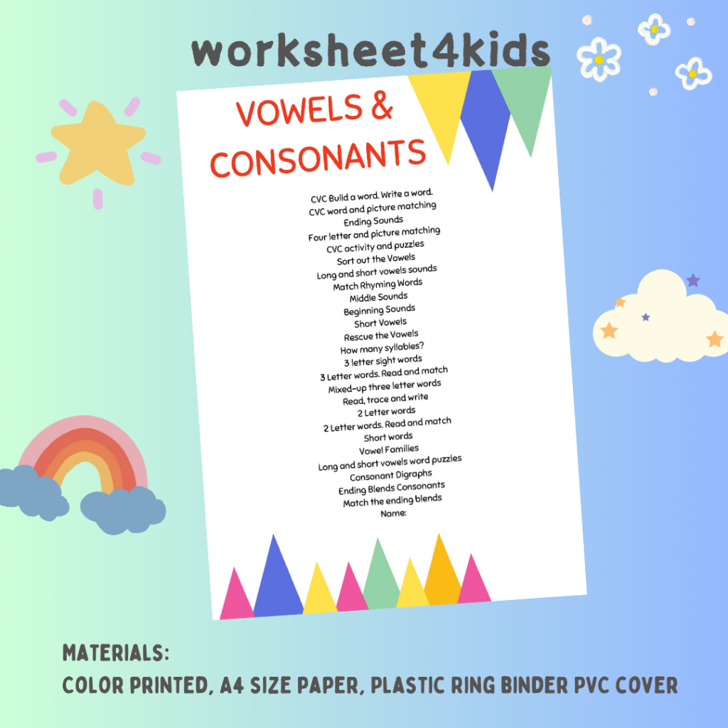 71, PAGES VOWELS & CONSONANTS WORKBOOK KINDERGARTEN (2 PAGES PER SHEET ...