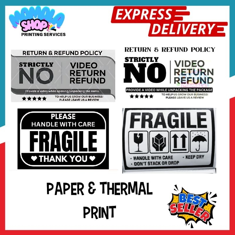 WATERPROOF NO VIDEO NO RETURN AND FRAGILE STICKERS PAPER AND THERMAL ...