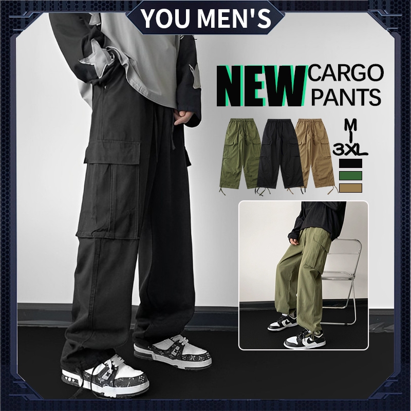 Baggy cargo pants for men black trouser fashion streetwear large pocket ...