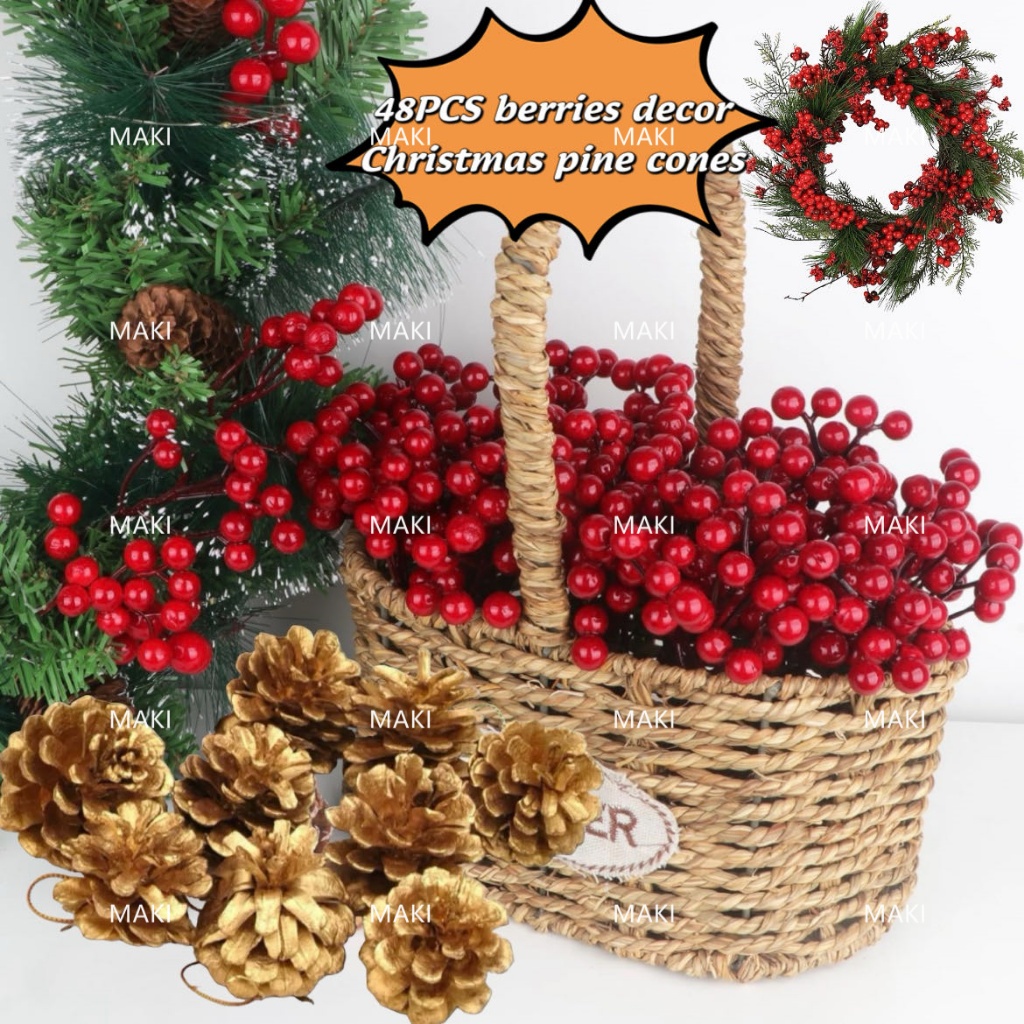 48pcs Christmas Berries Decor Artificial Cherry Fruits Christmas ...