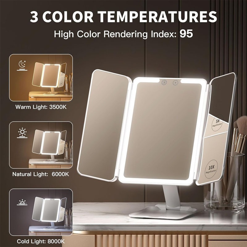 LED Vanity Mirror With Light Large Three-Fold Table Lamp Mirror Folding ...