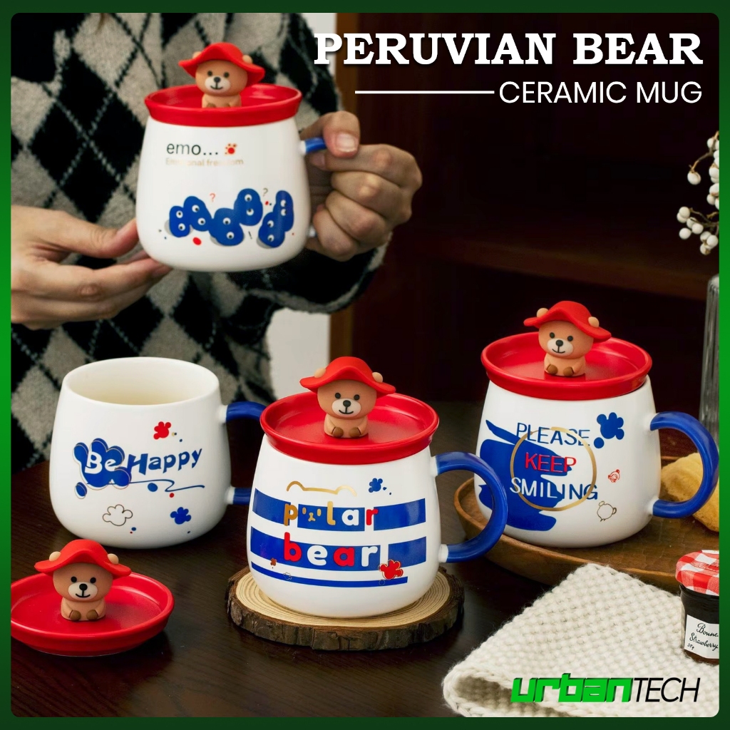 Peruvian Bear Cartoon Ceramic Mug with Lid Fun Coffee Cup + 380ml ...