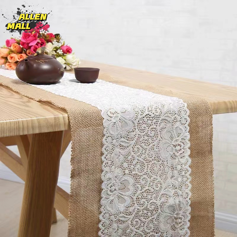 30x180cm / 30x275cm Burlap Table Runner With Lace, Natural Jute ...