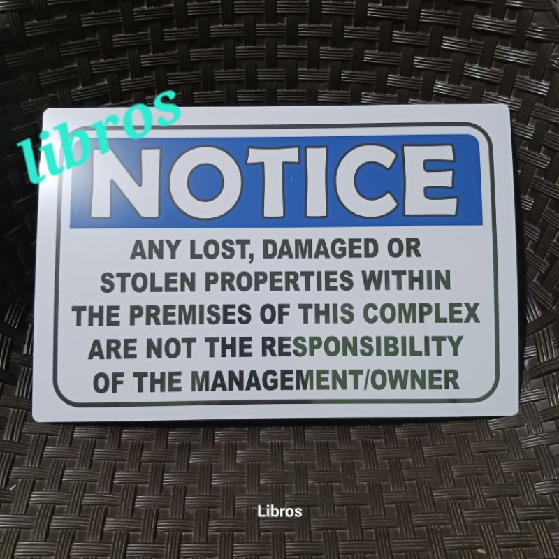 PVC A4 size Signage Notice Any Lost Damage or stolen properties ...