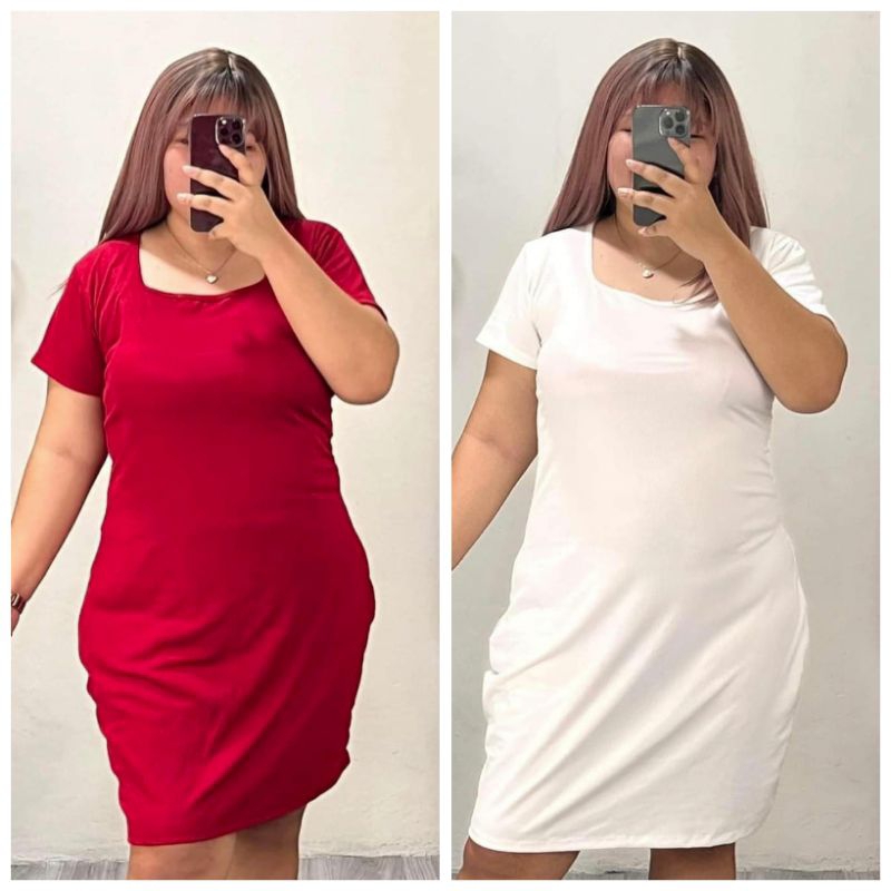PLUS SIZE PLAIN SQUARE NECK KNITTED FAB DRESS (L-2XL) | Shopee Philippines