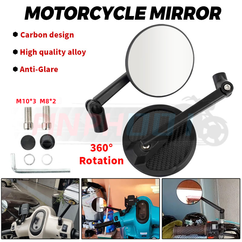 Motorcycle Side Mirror Real Carbon Classic Retro Round Mirror Universal ...