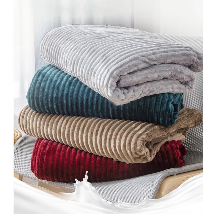 Thicker Queen Size Plain With Stripes Velvet Blanket Super Soft Fluffy ...
