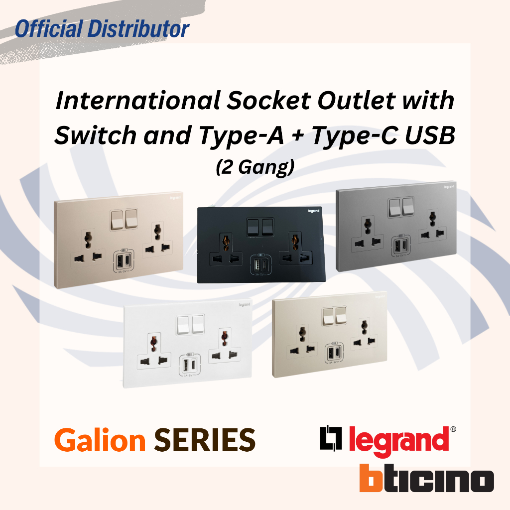 Bticino Galion 16A 250VA 2 Gang International Socket Outlet w/ Switch & Type-A + Type-C USB ...