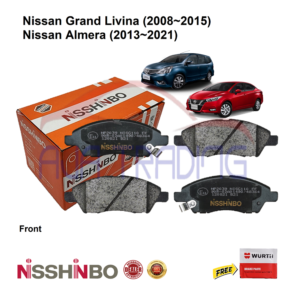 Genuine Nisshinbo Front Brake Pads for Nissan Almera (2013-2021), Nissan Grand Livina (2008-2015 ...