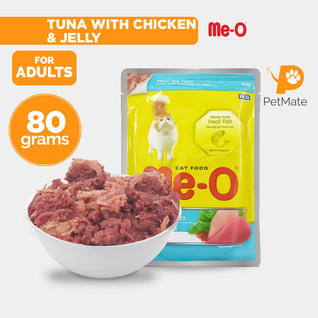 Me-O Adult Cat Wet Food Pouch Tuna with Chicken in Jelly 80g | Shopee Philippines