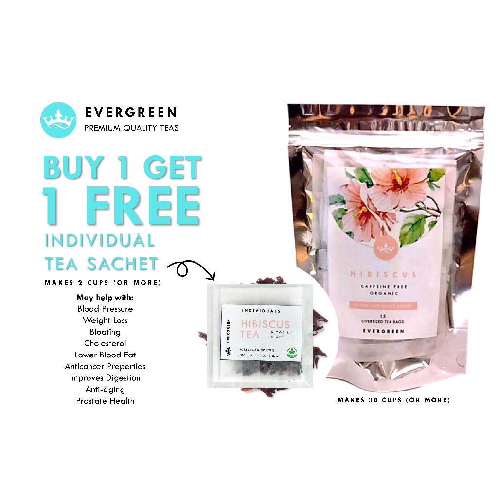 EVERGREEN HIBISCUS TEA Buy1 Pack Get1 Tea Sachet | Blood&Heart (15 big tea bags - yields 30 ...