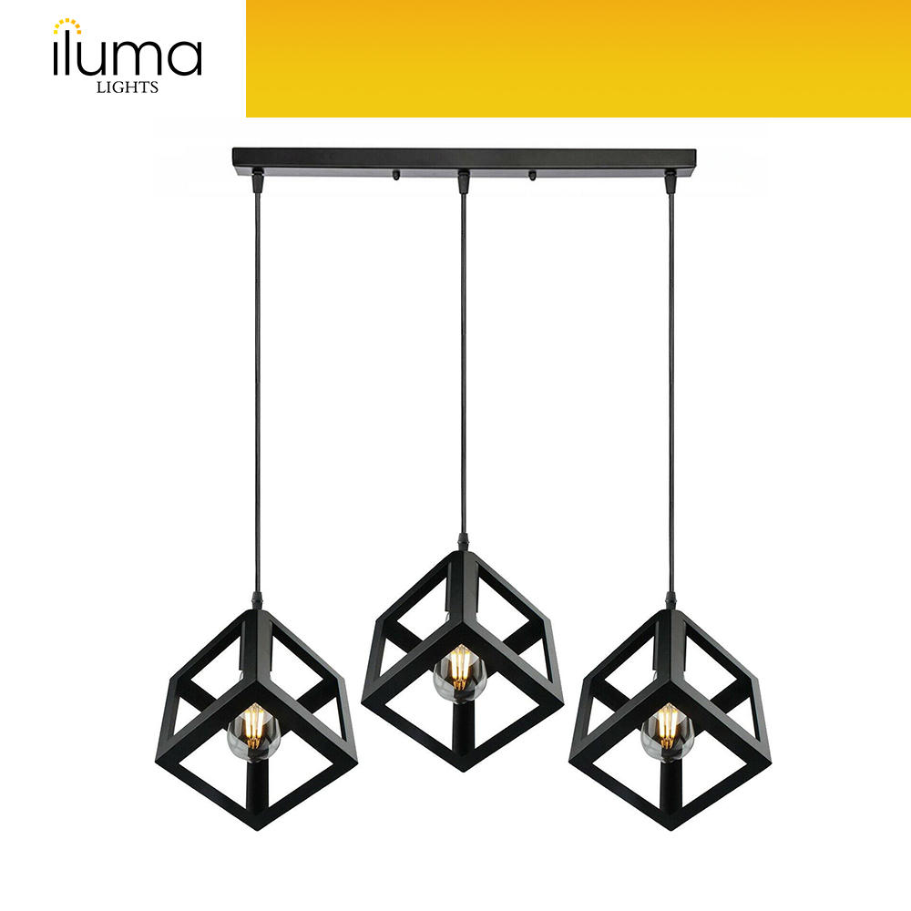 ILUMA Vintage Industrial 1/3 Light Black Square Cluster Pendant Light ...