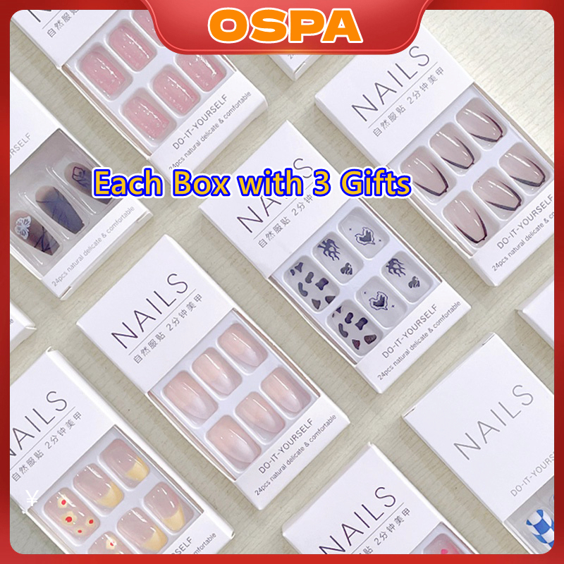 [Box / COD ]24pcs Fake Nails Set With Jelly Glue French Long Short ...