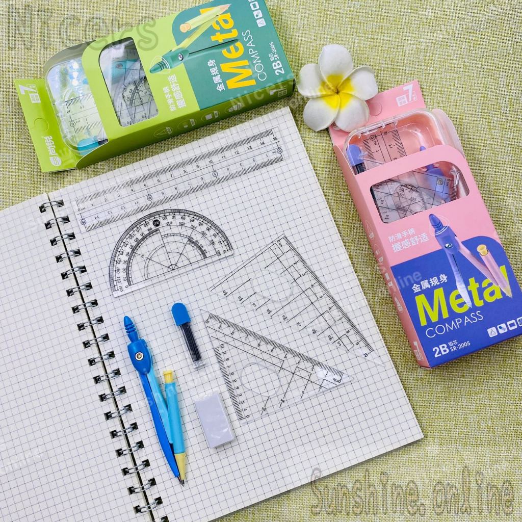 SR-2005 7in1/Set Geometry Metal Compasses Ruler Kit Protractor ...