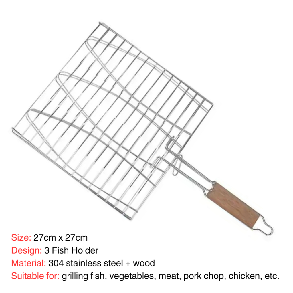 Stainless steel non stick fish grill mesh wire net with wooden handle ...