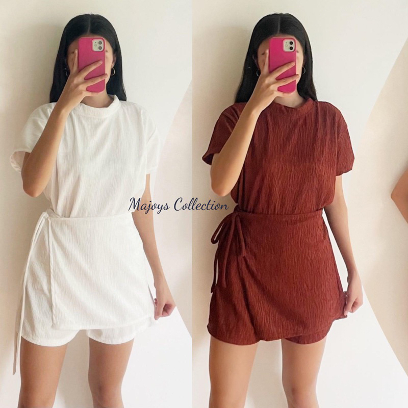 BASIC ROUND NECK TOP & SKORT BOTTOM COORDS SET (TREE BARK FABRIC ...