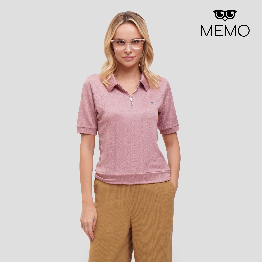Memo Textured Zip-Up Polo For Women (Blush/Latte Brown/Off White) | Shopee Philippines