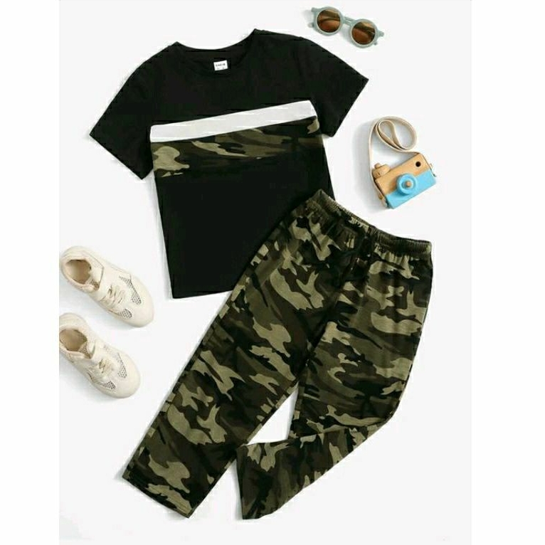 Boys Plain Camouflage Print Casual T-shirt and Jogger for Kids (6-11 ...