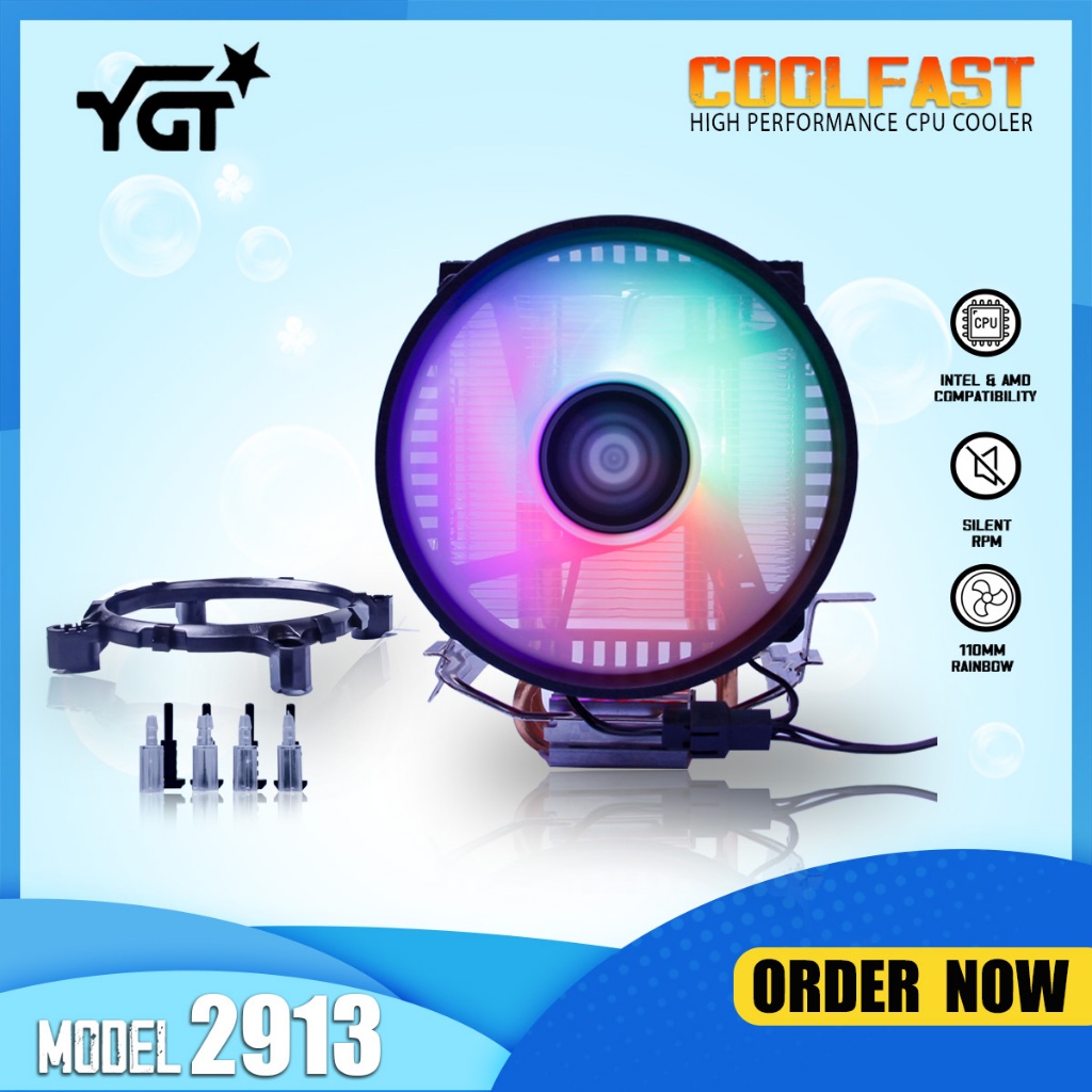 YGT CL2913 3-PIN COOLFAST HIGH PERFORMANCE CPU COOLER 110mm RAINBOW LED ...