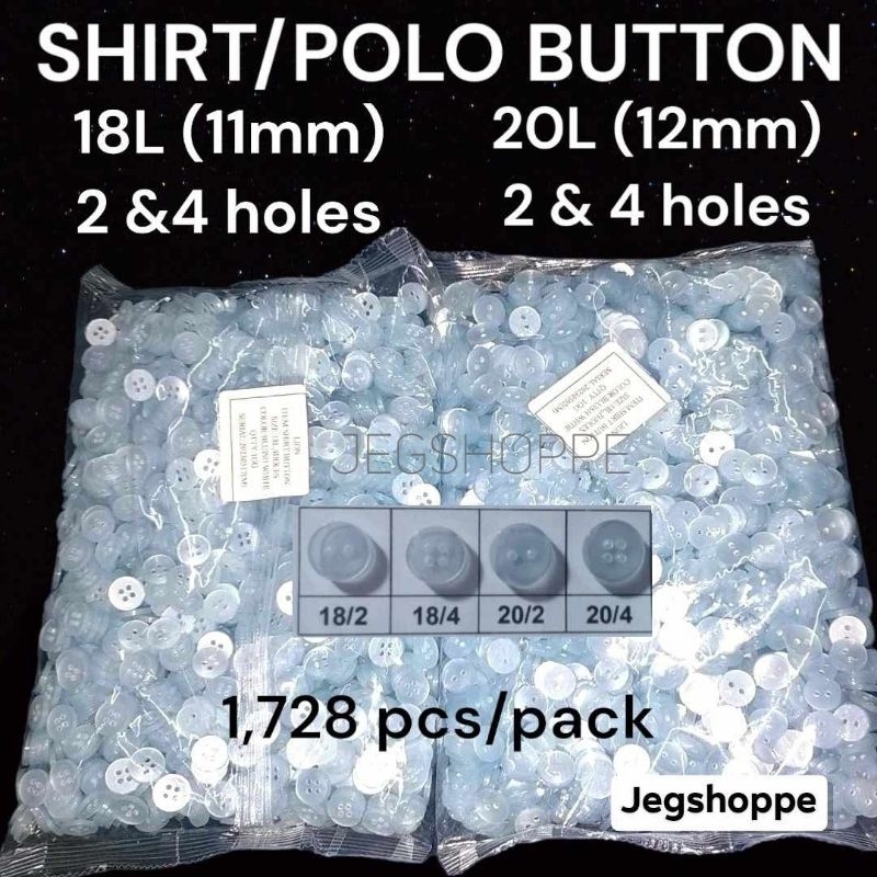 Buttons Polo/Shirt 18L(11mm)20L(12mm) 2 holes and 4 holes sold per pack ...