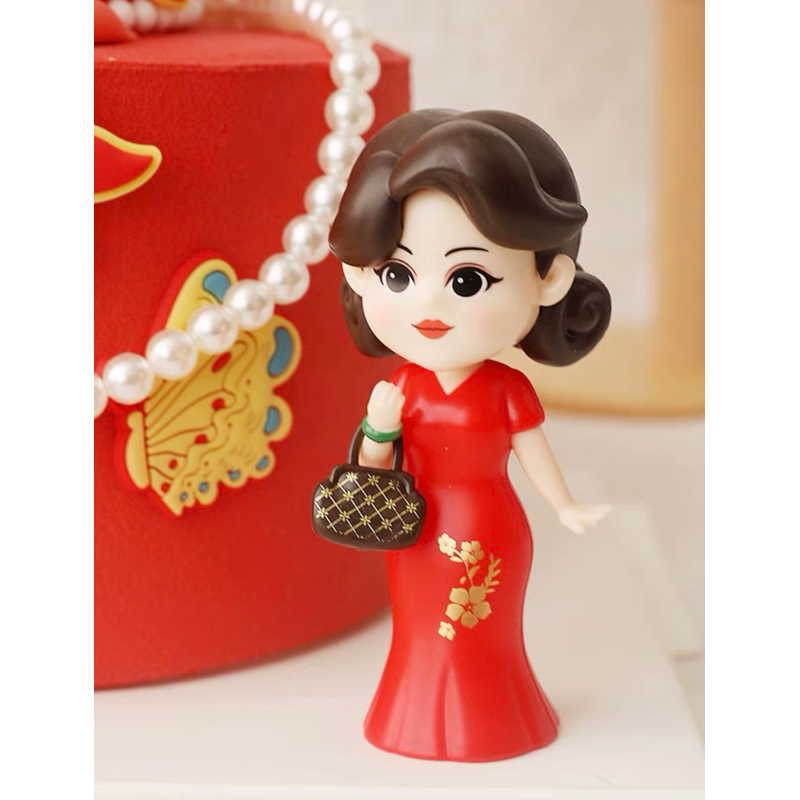 Elegant Lady mom tita in red cheongsam cake topper with base plate ...