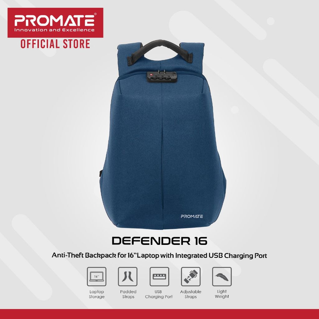 Promate Defender-16 Anti-Theft Backpack for 16” Laptop with Integrated ...
