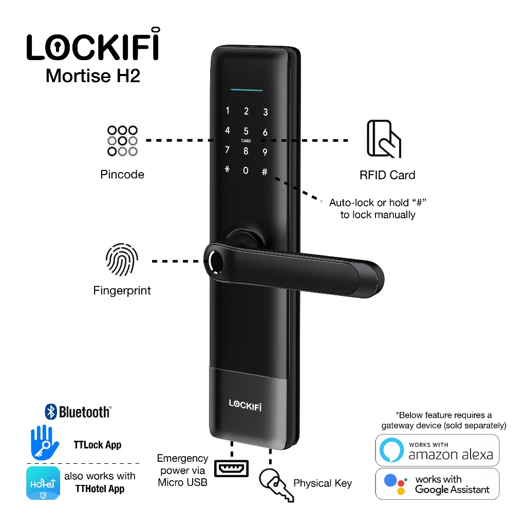 Lockifi Smart Lock Mortise Handle H2 Black - TTLock app, fingerprint ...