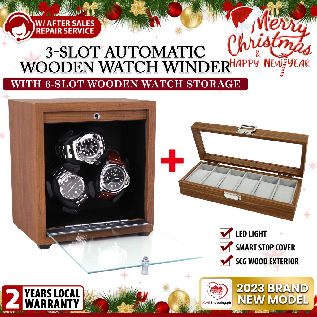 3 Slots Automatic Wooden Watch Winder with Wooden Watch Box Storage ...