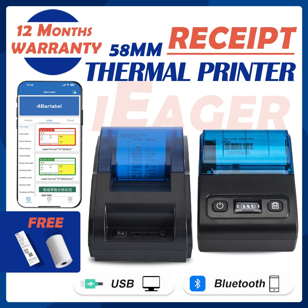 iEager Receipt Printer 58MM- Wireless Bluetooth & USB Thermal Handheld ...