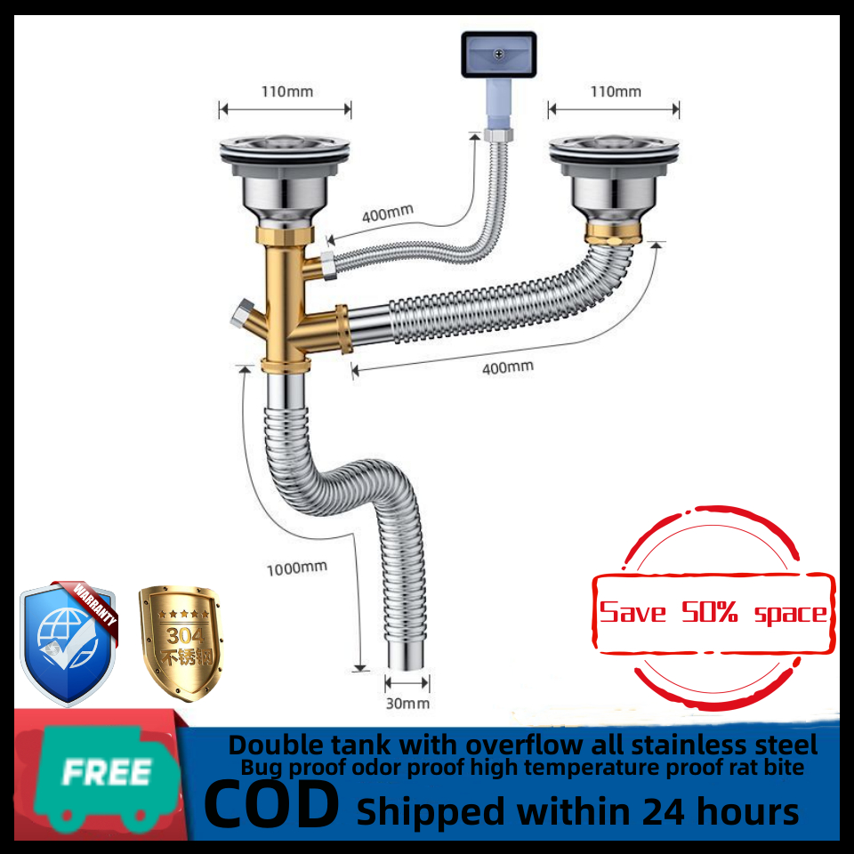 Kitchen Sink Drain Pipe Stainless Steel Washing Basin Sink Drain Pipe ...