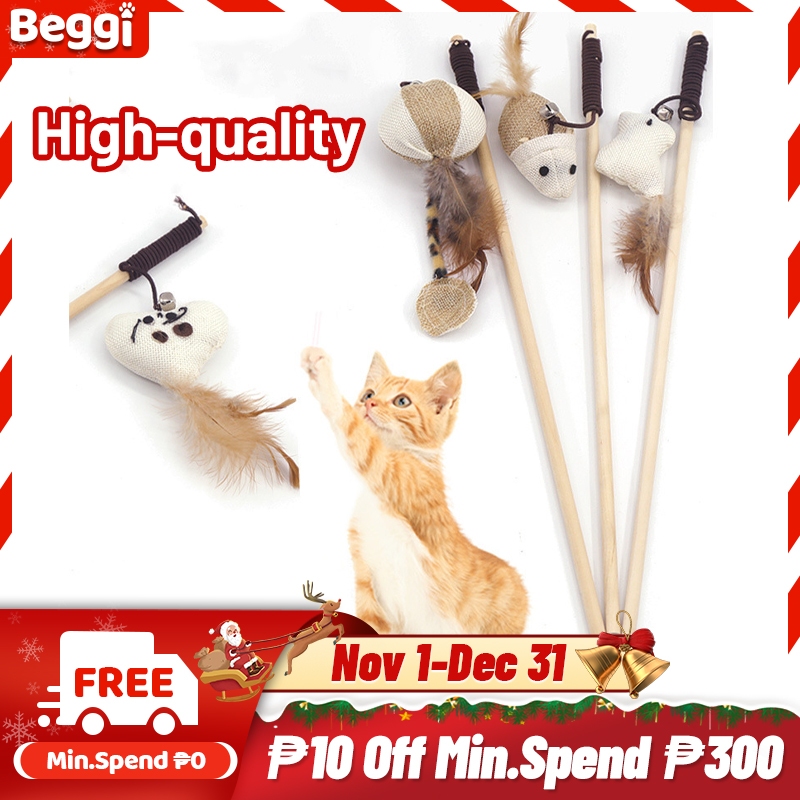 Pets Cat Toy Interactive Feather Teaser Wand Stick Wooden Pole Teasing ...