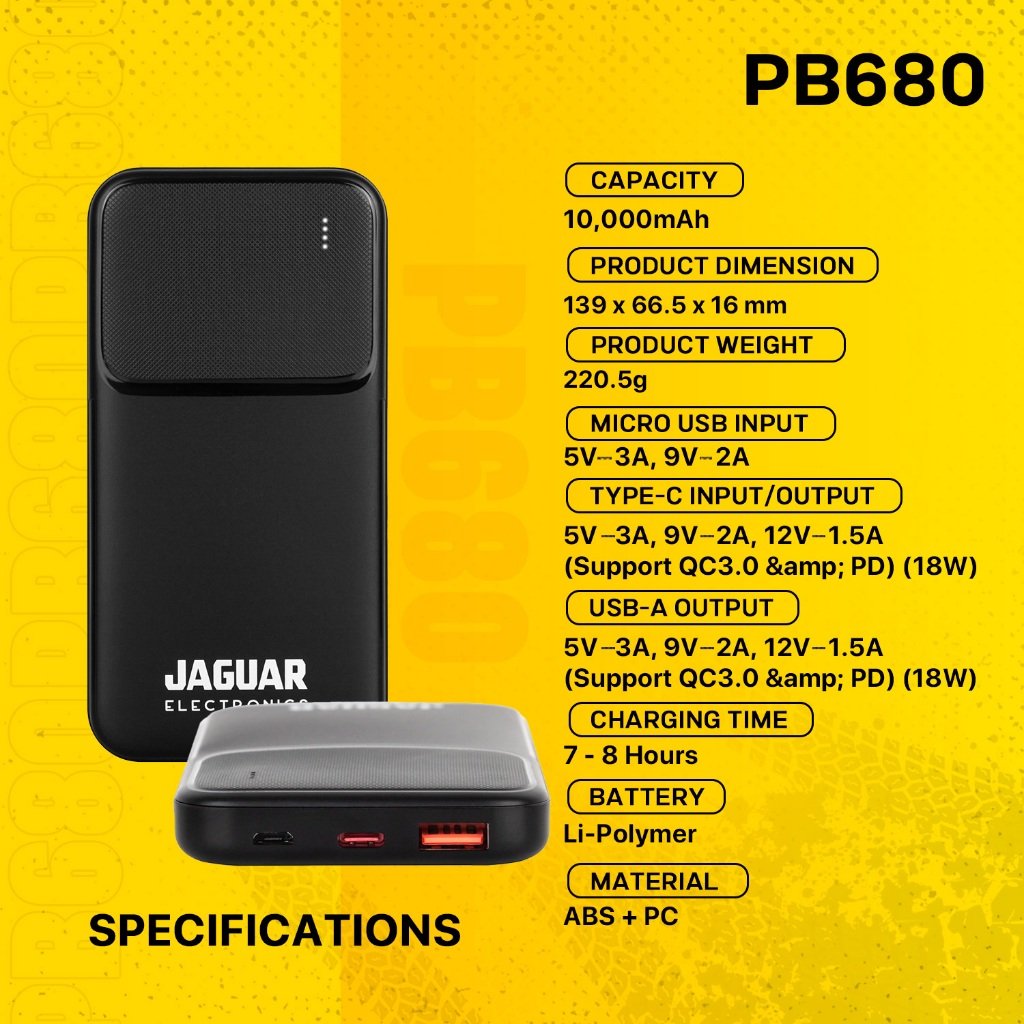 JAGUAR ELECTRONICS PB680 V2 10000mAh Power Bank 18W PD 3.0 Fast Charging Type-C Input/Out ...