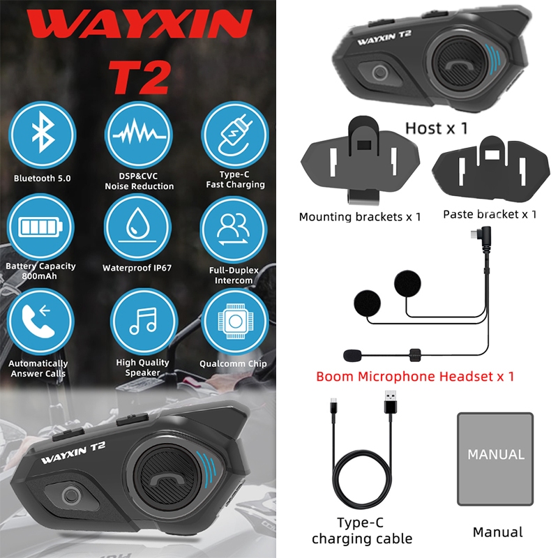 WAYXIN T2 Motorcycle Helmet Headset Bluetooth Intercom Headphone Motor ...