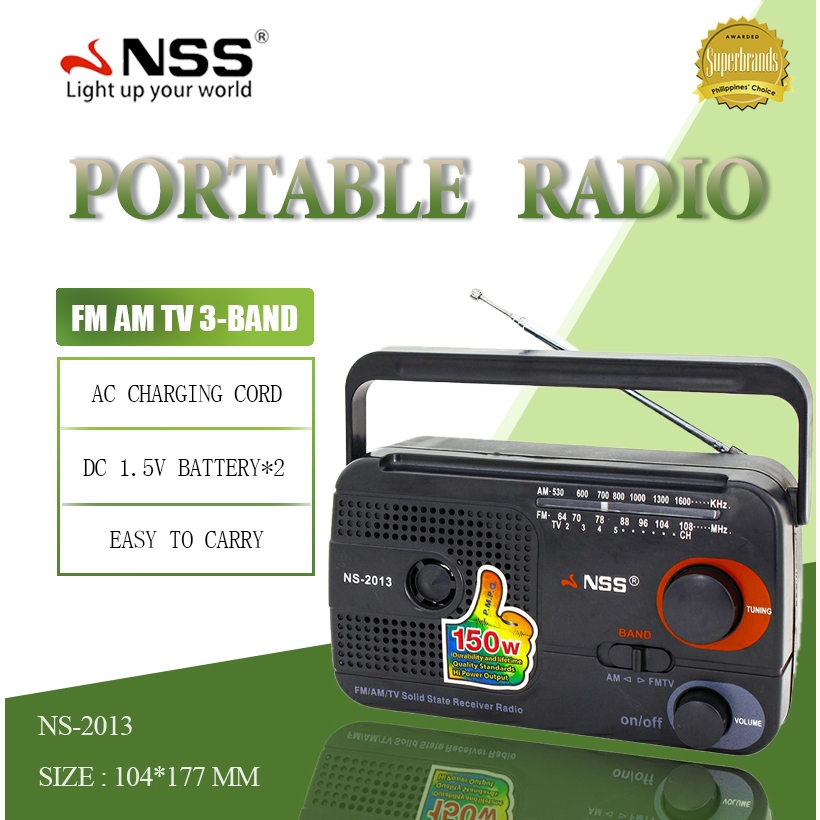 NSS Portable Radio with 3 BAND High Sensitivity AM/FM/TV AC/DC Cord ...