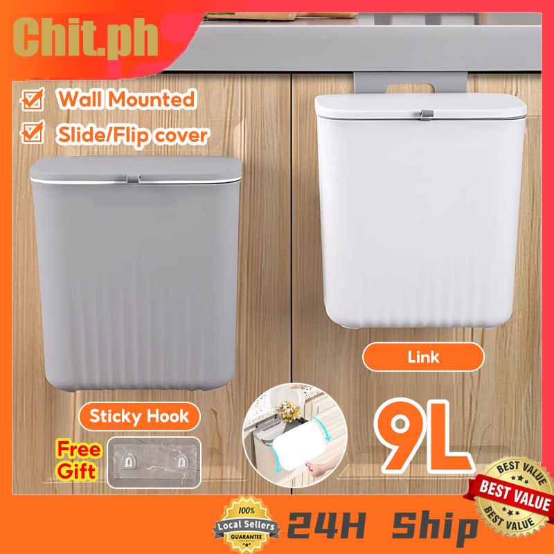 CHIT 9L Wall Mounted Trash Can with Lid Kitchen Cabinet Door Hanging ...