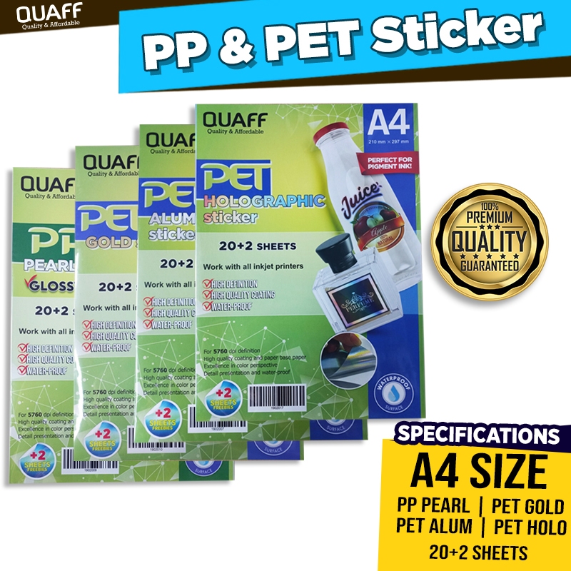 QUAFF PET Printable Label Sticker Waterproof 180Gsm A4 Size (20+2 ...