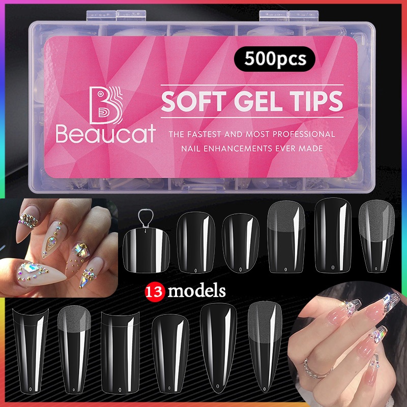 500/100 Pcs/Set Nail Tips Kit Nail Extensions Clear Gelly Tips Soft Gel ...