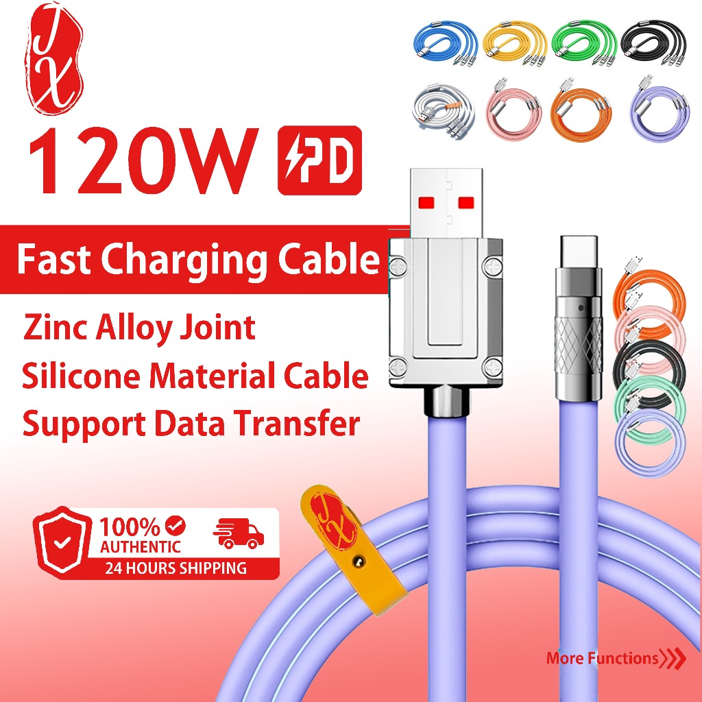 JX 120W 6A Super Fast Charge Type C Liquid Silicone Cable Quick Charge ...