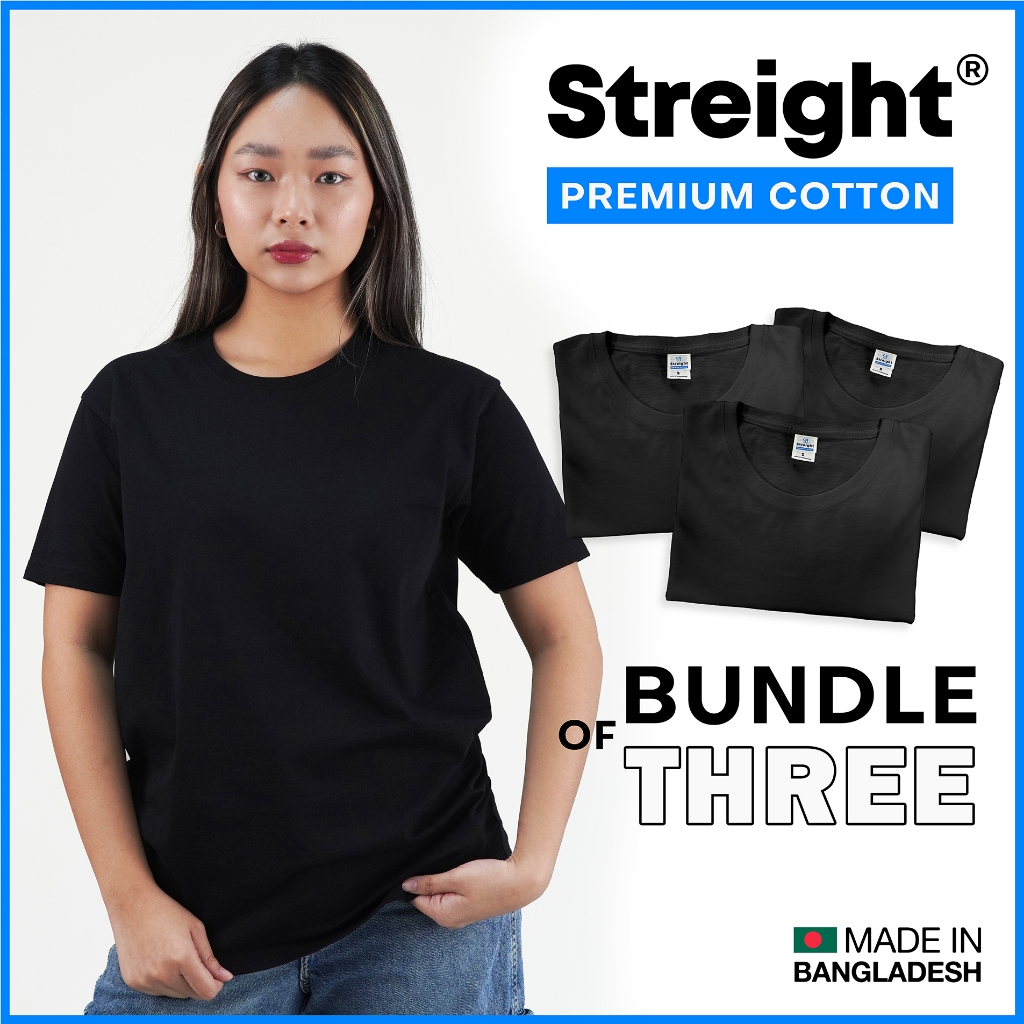 (Bundle of 3) Streight Premium BLACK 100% Cotton Blank Plain T Shirt ...