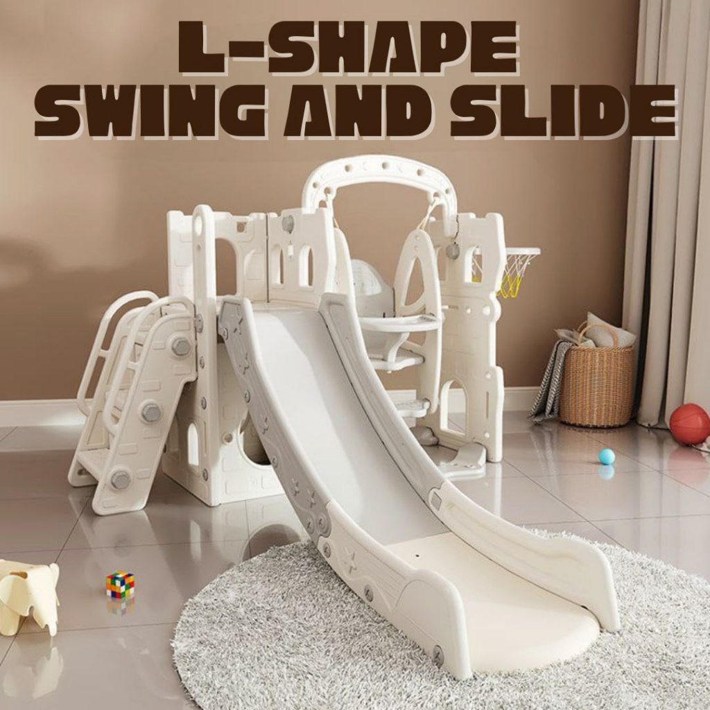 L-Shape Swing Slide with Climber, Basketball Hoop and Storage Space ...