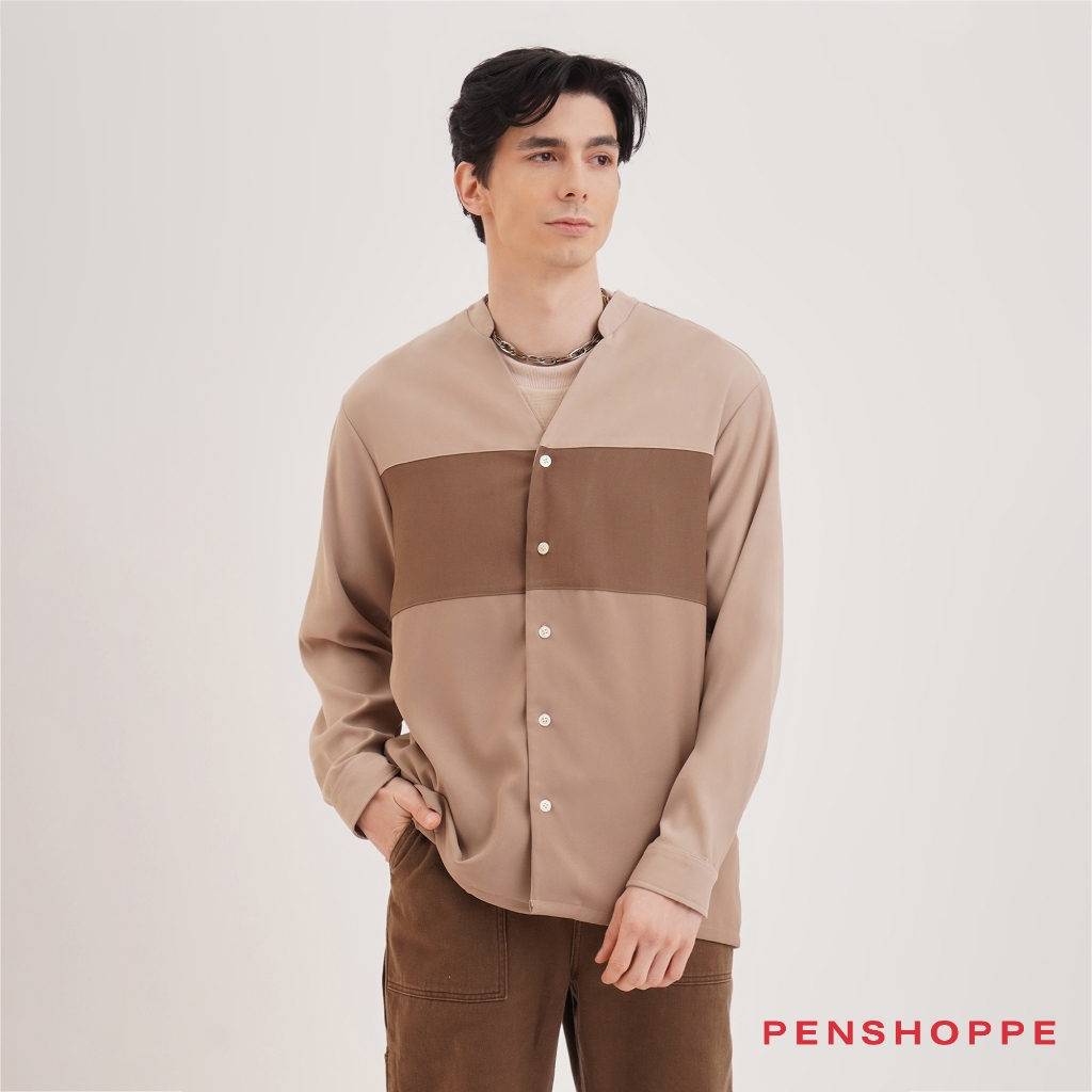 Penshoppe Relaxed Fit Long Sleeve Color Block Shirt For Men (Sand ...
