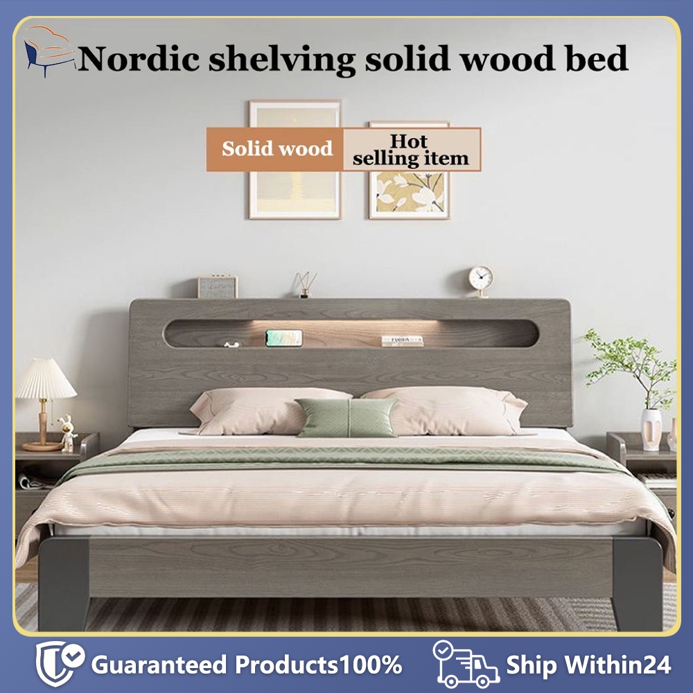 【COD】Solid Wood Bed 180cm Width Modern Minimalist Household Double Bed ...