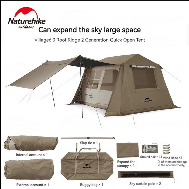 Naturehike VILLAGE Series 6.0 Gen 2 Fast Build Automatic Cabin Style Tent 6m² Space for 4 Person ...