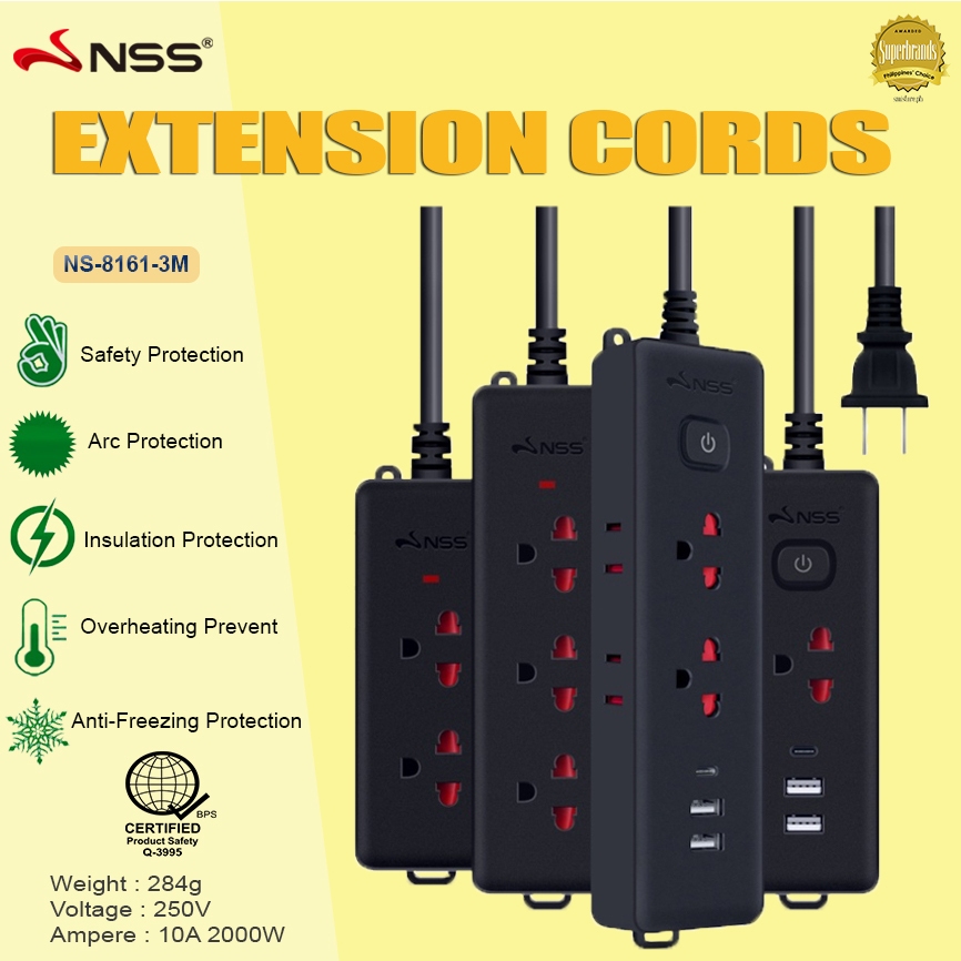 NSS 3M Extension Cord Power Sockets Outlet Socket with Switch USB Ports ...