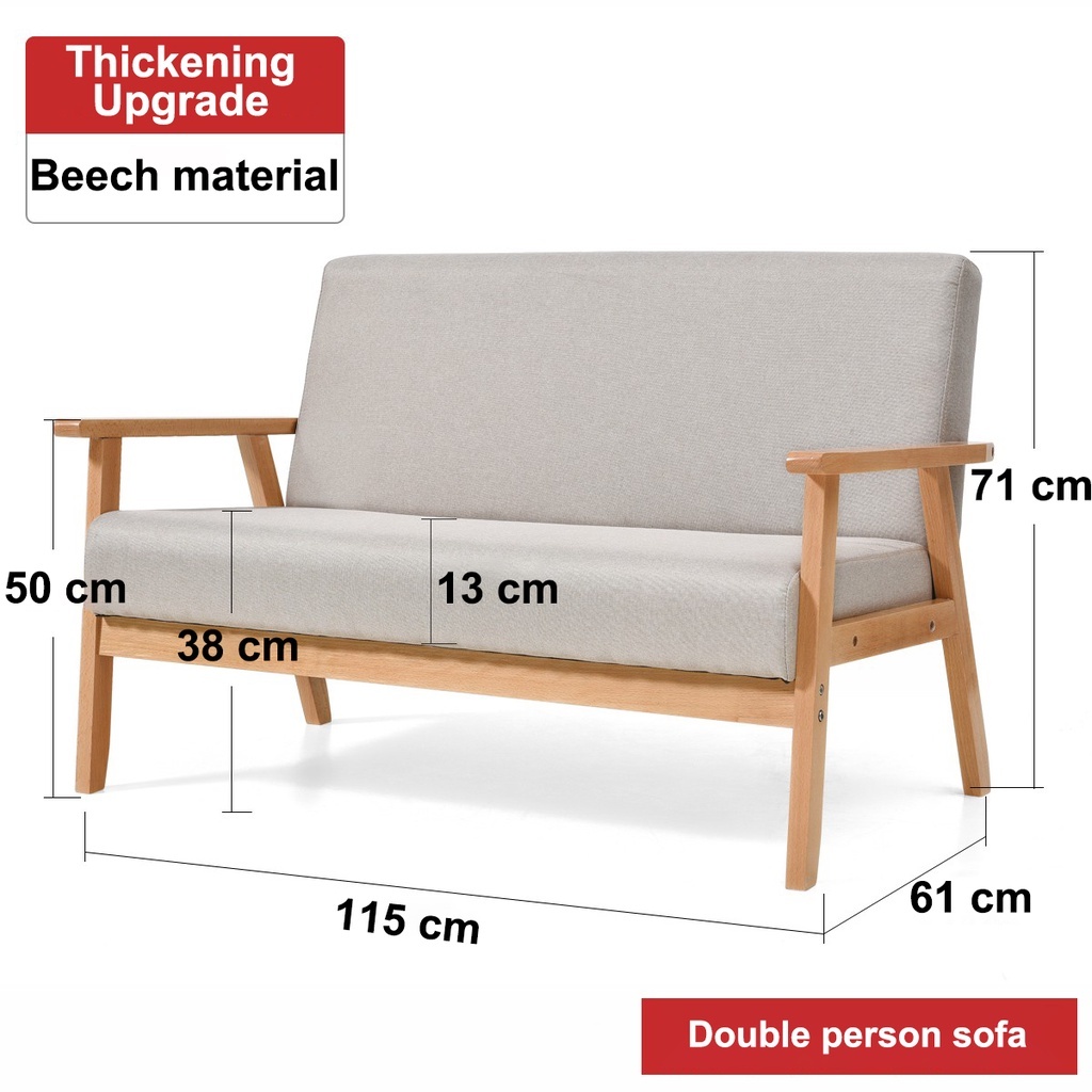 Solid Wood Sofa Chair 1/2/3 Seats 65/115/140CM Khaki/Grey Nordic Style ...