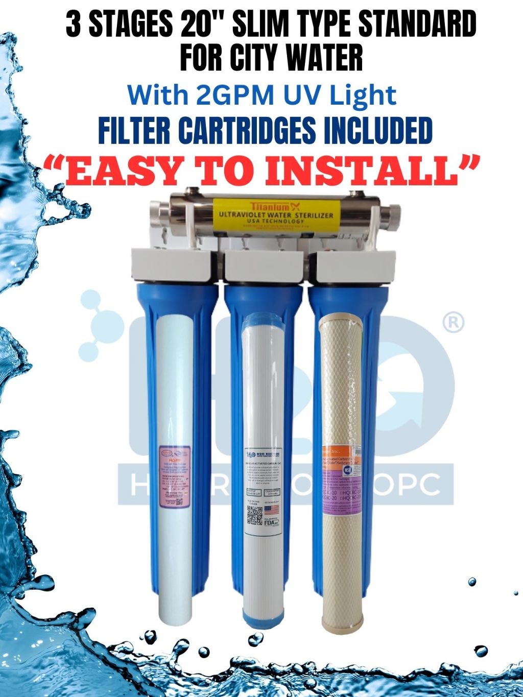 Water Filter 3 Stages 20" Slim Type Standard Set Up for City Water with ...